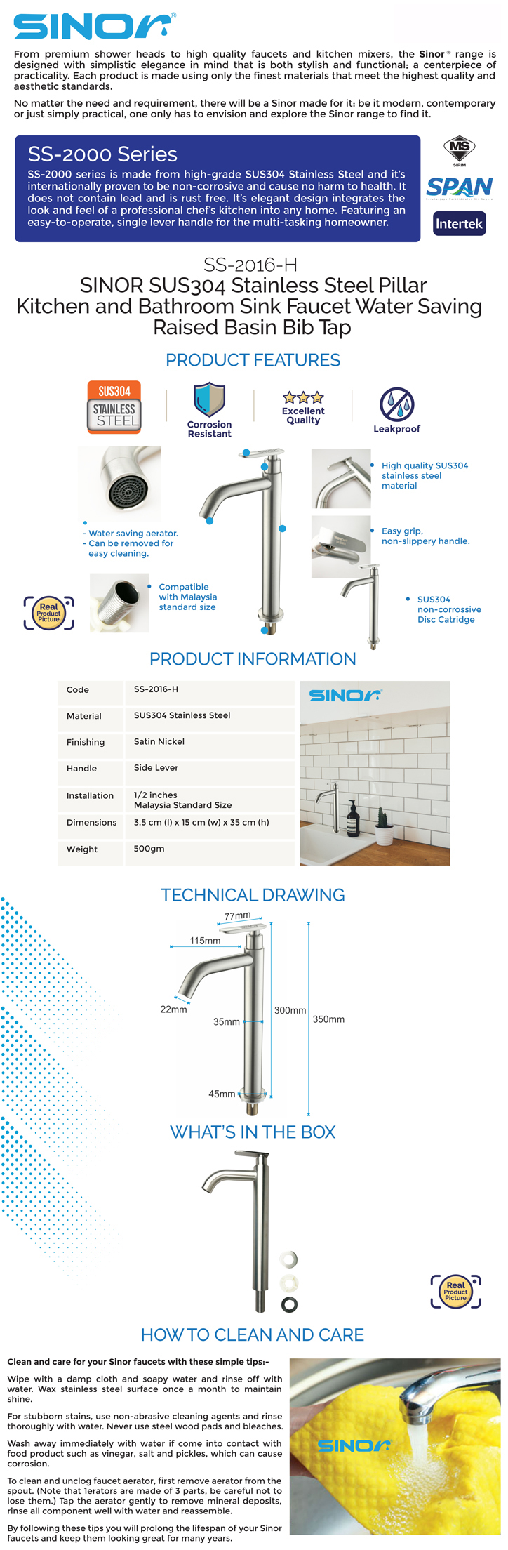 Sinor Stainless Steel Bathroom Basin Tap SS-2016H